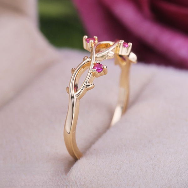 niche charming branch shape ring pink plum leaf Zircon ring simple and ...