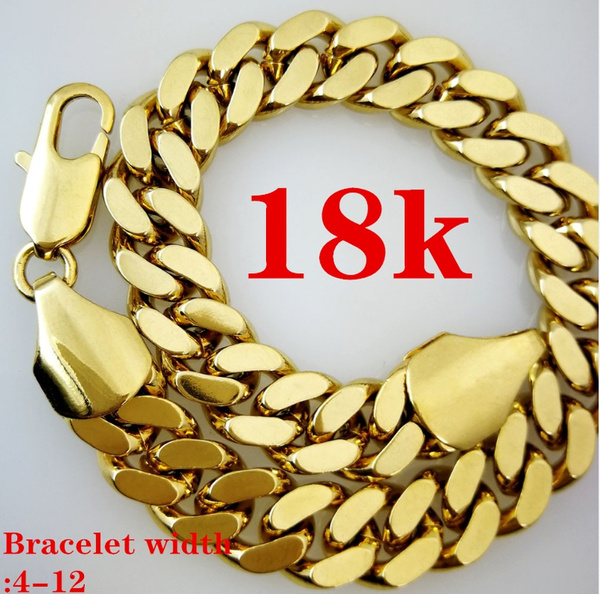18K Gold GF Curb Ring Link Chain Solid Men's Friend Bangle Bracelet 4-12mm Bandwidth Length-22CM ...