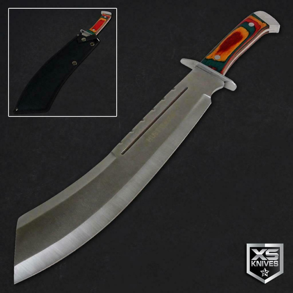 18" COMBAT Curved HUGE Machete FULL TANG Hunting Sword Wood Handle ...
