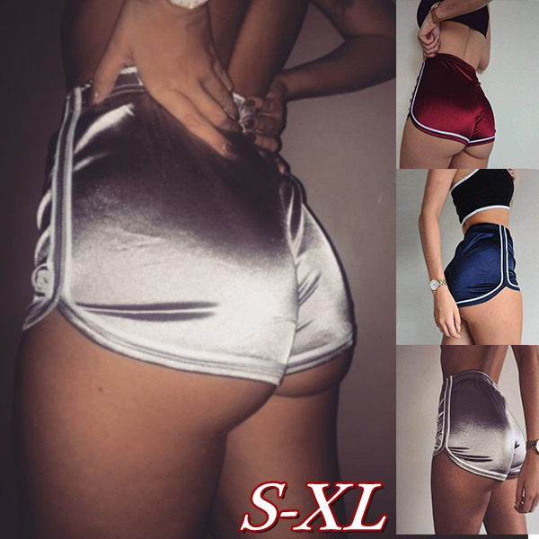 New Fashion Glossy Elastic High Waist Sports Shorts Women Plus Size S