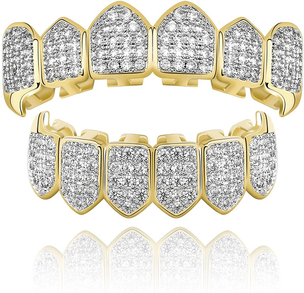 Diamond Grills for Women 18K Gold Plated Fully Iced Out CZ Vampire Top ...