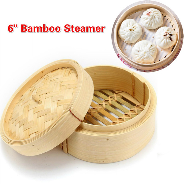6" Bamboo Steamer Chinese Dim Sum Basket Rice Pasta Cooker Set with Lid ...