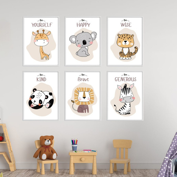 6 Panels Cartoon Animals with Quotes Wall Posters Modern Design Kids ...