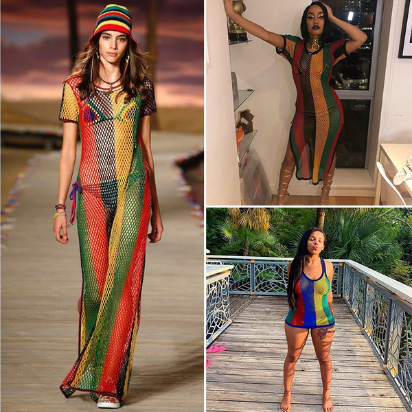 Sexy Multicolor Mesh Striped Dress 100 Cotton Crochet Ladies Rasta