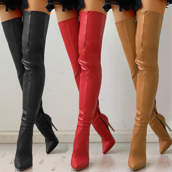 Women Fashion Sexy High Heel Thigh High Boots Zipper Thin Heel Leather ...