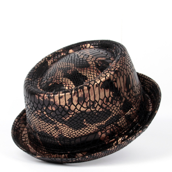 4 Size Women Men Snake Skin Leather Pork Pie Fedora Hat Men Boater Flat ...