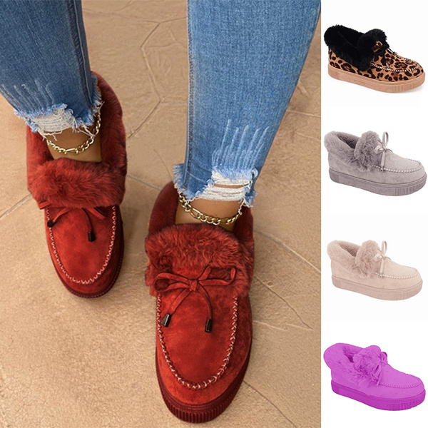 Autumn and Winter Bowknot Velvet Flat Snow Boots Round-toe Pumps Soft ...