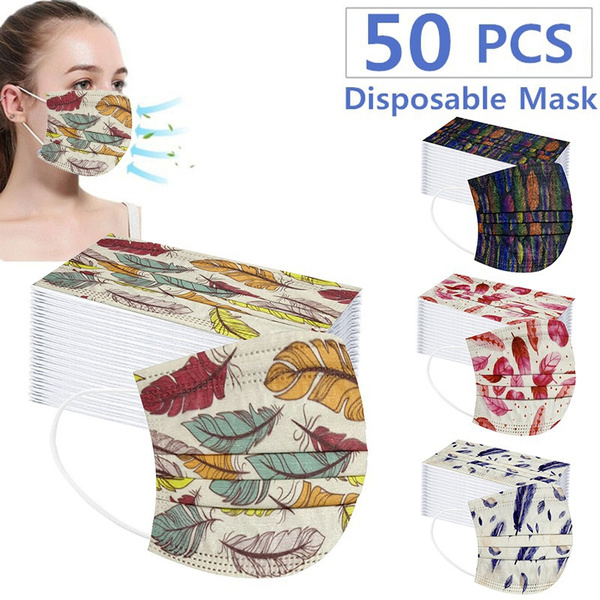 50Pcs 3Ply Ear Loop Feather Printed Mask Disposable Face Mask Outdoor ...