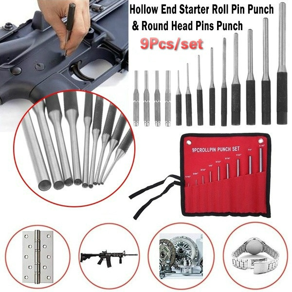 9Pcs Roll Pin Set Hardened Steel Multi Size Round Head Pins Punch Grip ...