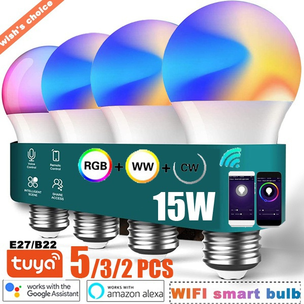 5PCS 2021 Newest 15W WiFi Smart Bulb RGB+CCT LED Light Bulbs E27 Screw ...