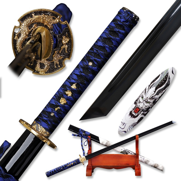Hand sharpened, katana, full Tang, sharp, fighting sword, black blade ...
