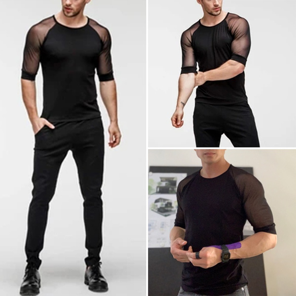 Sexy Mens Short Sleeve Translucent Slim Fit T Shirts Fish Net Mesh ...