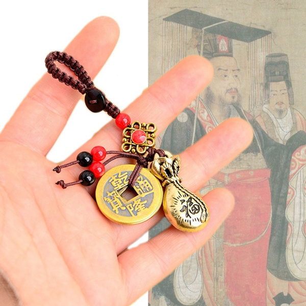 Vintage Brass Money Bag Keychain Pendant Handmade Rope Lucky Feng Shui ...