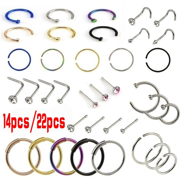 14/22pcs/lot new stainless steel nose nails nose ring curved nose nails ...