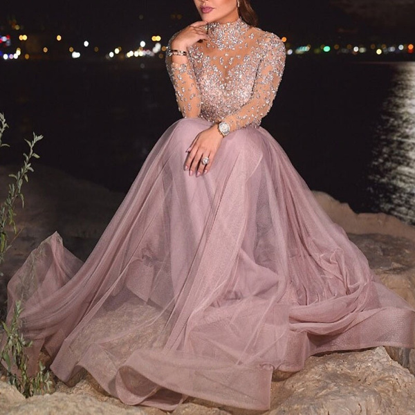 Women Fashion Prom Dress Mesh Tulle Appliques O-Neck Long Sleeve Maxi ...