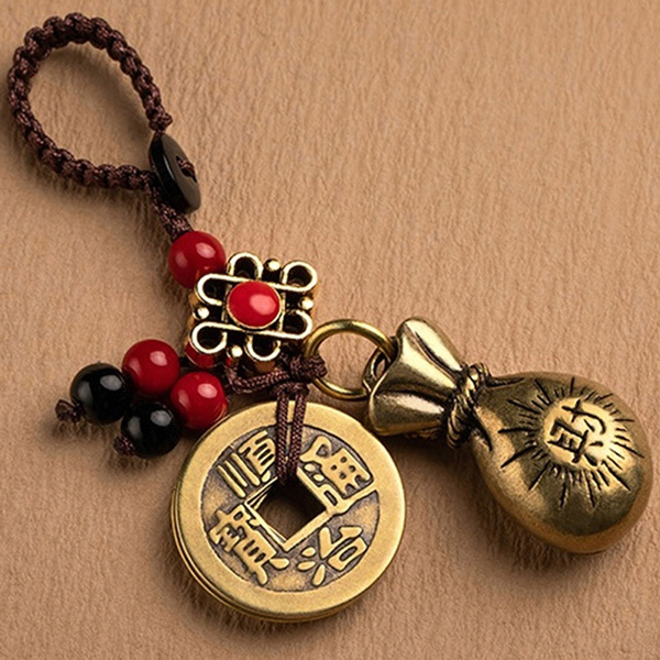 Vintage Brass Lucky Money Bag Keychain Handmade Rope Feng Shui Hanging ...