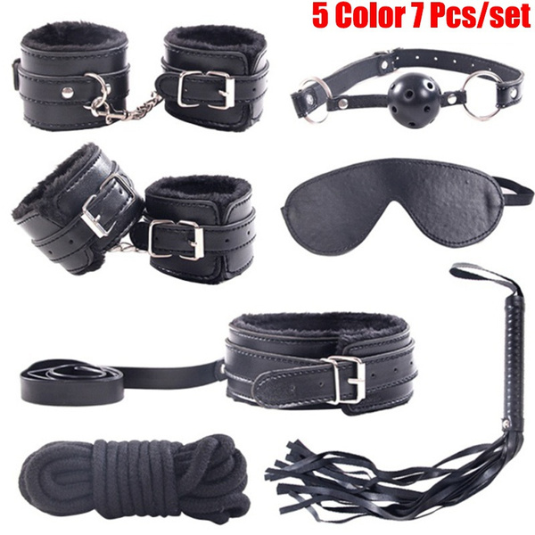 7 Pcs/Set Plush Leather Bondage Set Handcuffs Whip Eyemask Restraining ...