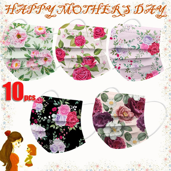 10Pcs 3-Ply Spring Flower Print Mother'S Day Masks Disposable Face Mask ...