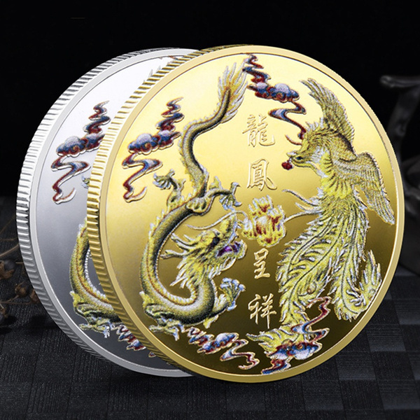 Chinese Fengshui Coins Dragon and Phoenix Craft Medal Replica Gold ...