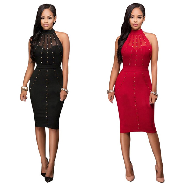 Women Halter Black/ Red Sleeveless Evening Prom Pencil Bodycon Dress | Wish