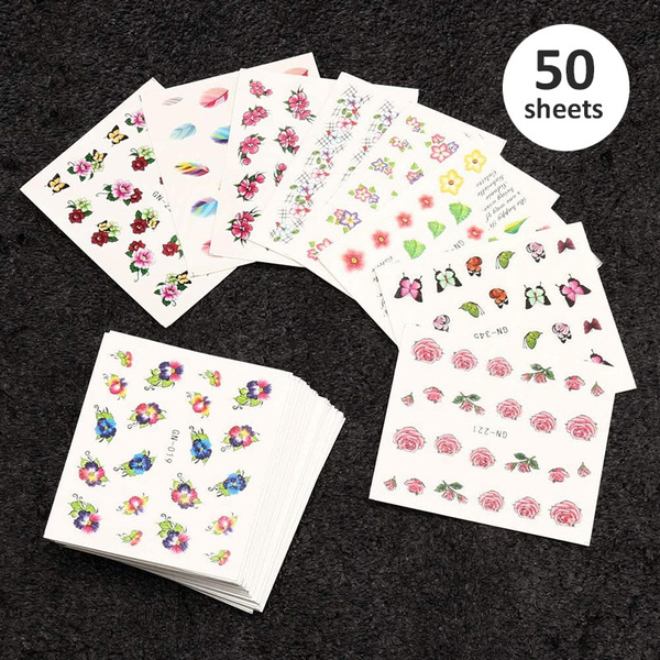 50 Sheets Nail Art Stickers Water Transfer DIY Nail Decals Butterfly ...