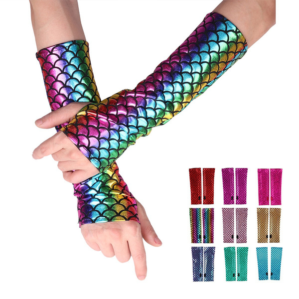 Adult Mermaid Gloves Fish Scale Pattern Printed Fingerless Long Gloves ...