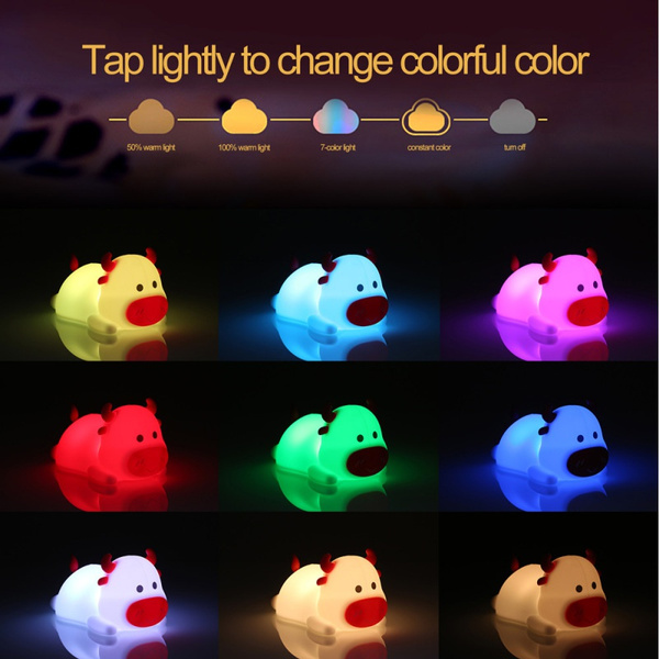 Cute Cow Night Lamp USB Rechargeable LED Night Light Touch Sensor ...