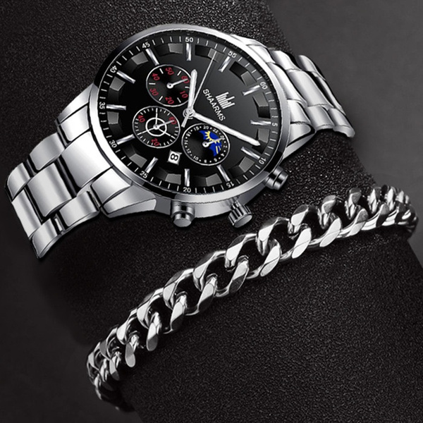 Classic Mens Watch Bracelet Set Luxury Calendar Men Stainless Steel ...