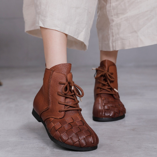 Retro Weave Genuine Cow Leather Ankle Boots for Women Short Boots ...