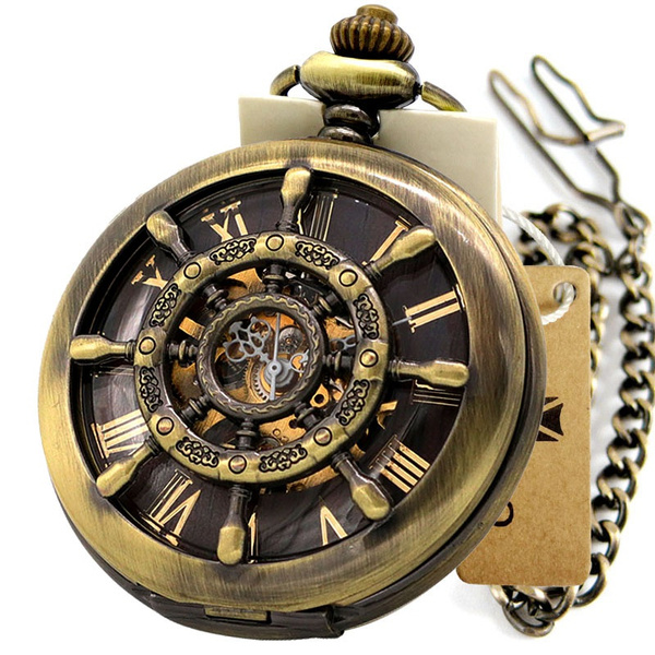 3D Rudder Skeleton Case Pocket Watch Mechanical Movement Analog Antique ...