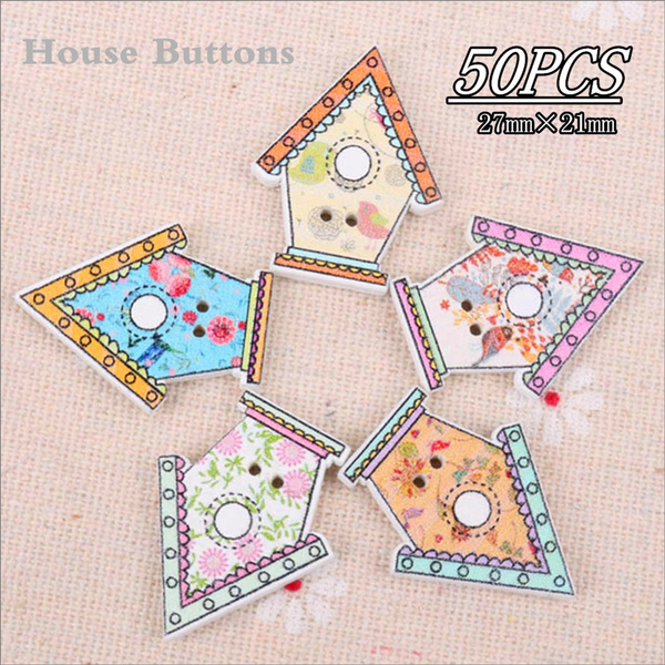 50Pcs/Set Mix Color Wooden Buttons Cartoon Buttons House Buttons ...