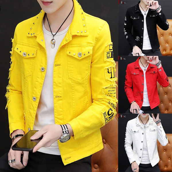 New Autumn Personality Denim Jacket Men's Perforated Denim Rivet Jacket ...