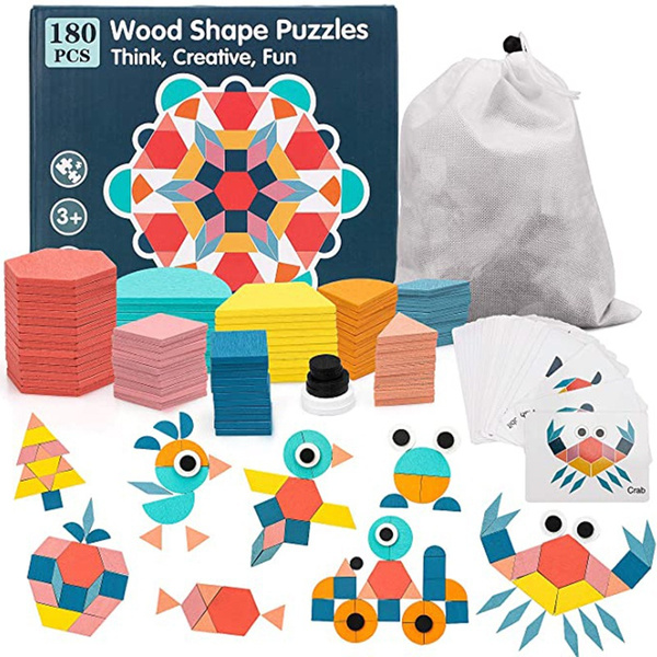 180 Pcs Wooden Pattern Blocks for Toddlers Geometric Shape Puzzle ...