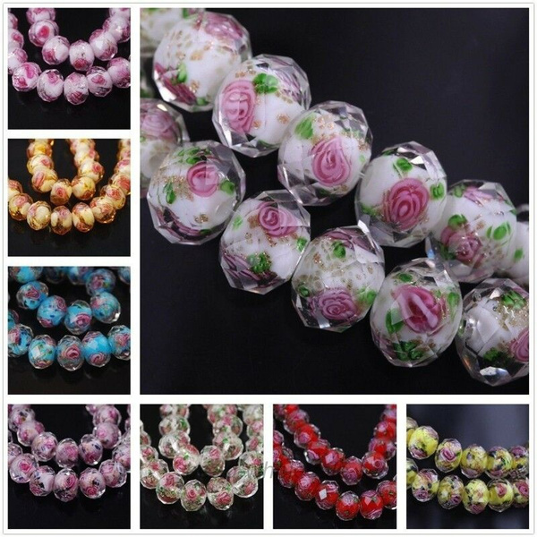 10pcs 12mm Faceted Glass Rondelle Charms Rose Flower Inside Lampwork ...