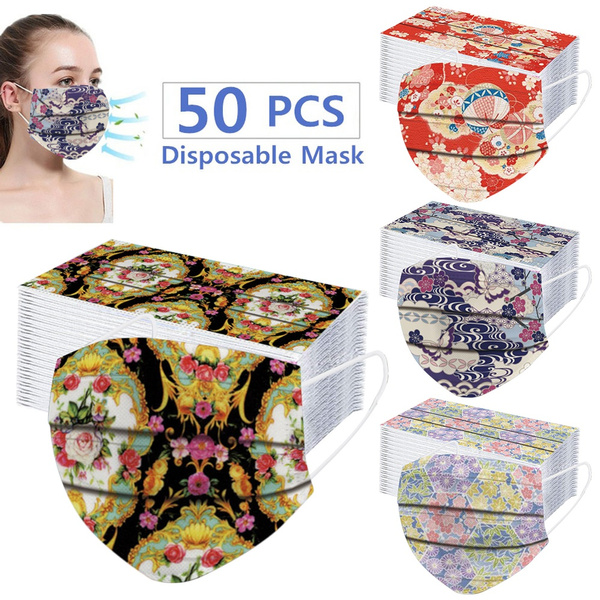 50Pcs 3Ply Ear Loop Floral Print Mask Disposable Face Mask Outdoor Dust ...
