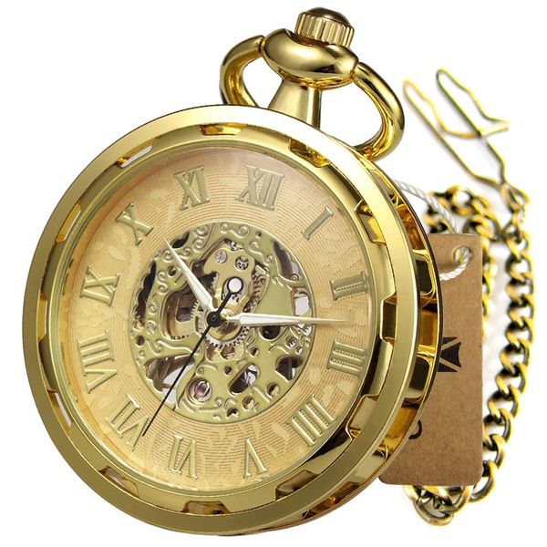 Pocket Watch Skeleton Open Face Golden Gear Case Men Antique Mechanical ...