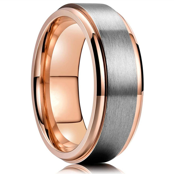 8mm Mens Rose Gold Tungsten Ring Silver Surface High Polished Wedding ...