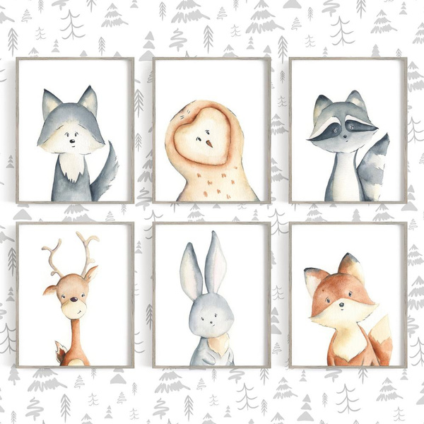 6 Panels Modern Nursery Lovely Watercolor Animals Poster Cartoon Canvas ...