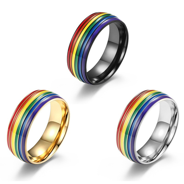 3 Colors Rainbow Titanium Steel Ring Men Women Wedding Band Gay Lesbian