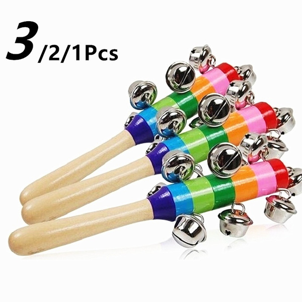 New Metal 10-Bell Jingle Wooden Rainbow Shaker Stick Musical Instrument ...