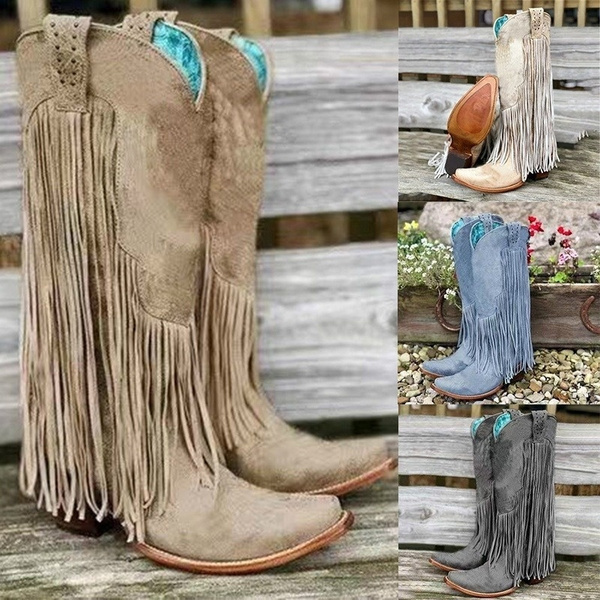 Heel Pointed Toe Tassel Leather Western Cowboy Boots Fringe Knee-High ...