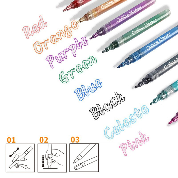 2mm Multi-Color Outline Marker, Creative Metallic Double Lines Pen Art ...