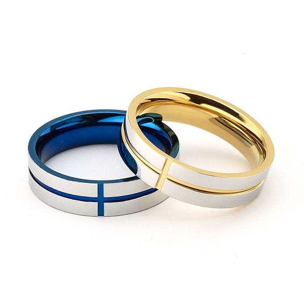 Titanium steel stainless steel cross ring Blue Cross titanium steel ...