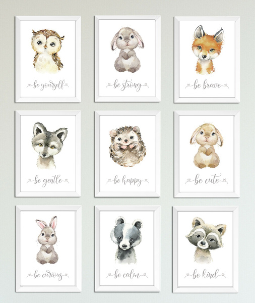 9 Panels Set Watercolor Animals with Quotes Poster Modern Design Wall ...