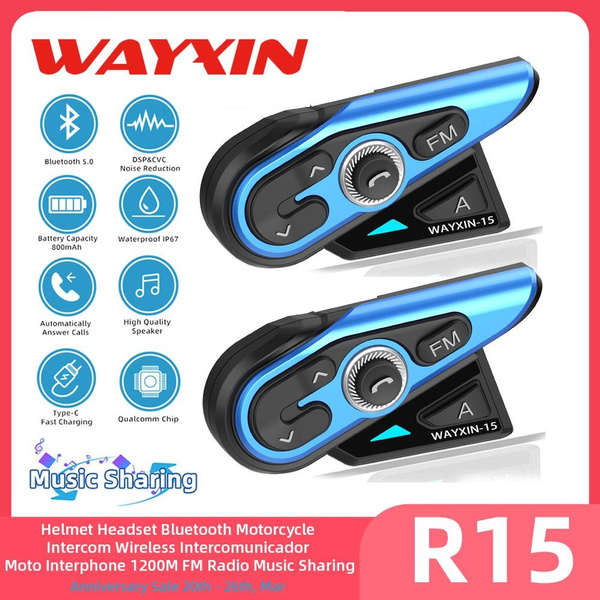 WAYXIN Motorcycle Bluetooth Intercom 2 Pcs Helmet Intercom Upto 2 ...