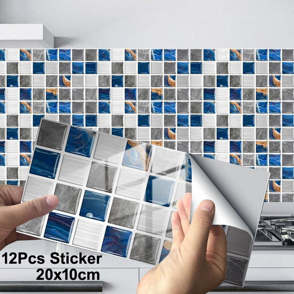 12 Piece Kitchen Tile Sticker Bathroom Blue Grey Marble Mosaic Stickers ...
