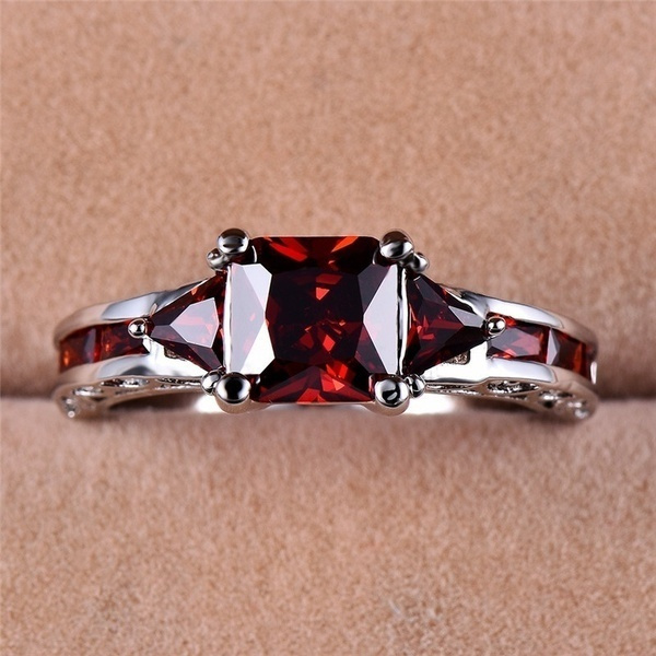 Women Classic Fashion White Gold Princess Cut Garnet Red Ruby Ring ...