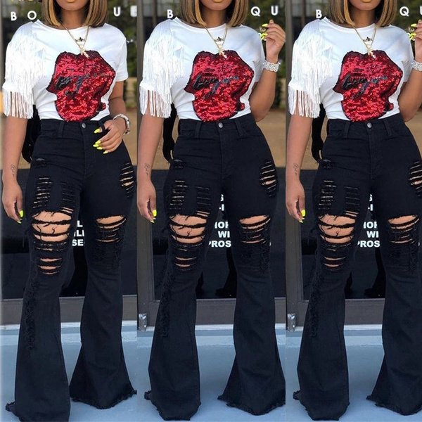 Women Denim High Waist Jeans Ripped Jeans Lady Skinny Bell Bottom Jeans ...