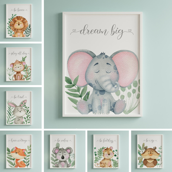 Watercolour Wild Animal with Botanic Canvas Print Nursery Wall Decor 8 ...
