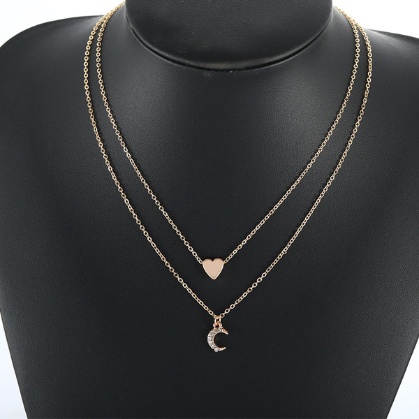 Simple Double-layers Diamond Moon Heart Love Chain Necklace Jewelry for ...